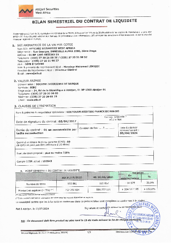 Bilan semestriel du contrat de liquidité - 1er semestre 2024 - SIB CI - Abidjan.net Documents