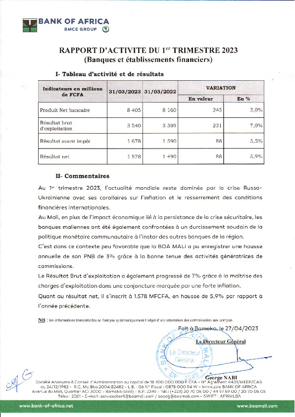 Rapport d'activité - 1er trimestre 2023 - BOA MALI - Abidjan.net Documents