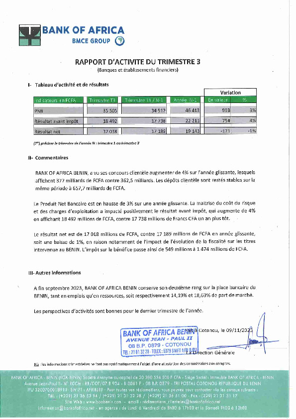 Rapport d'activités - 3ème trimestre 2023 - BOA BN - Abidjan.net Documents