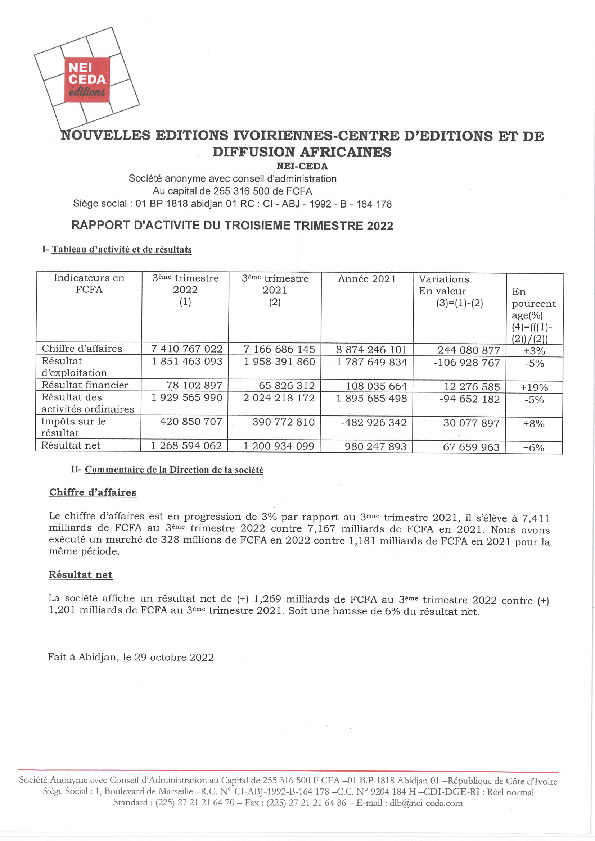 Rapport d'activité - 3ème trimestre 2022 - NEI-CEDA CI - Abidjan.net Documents