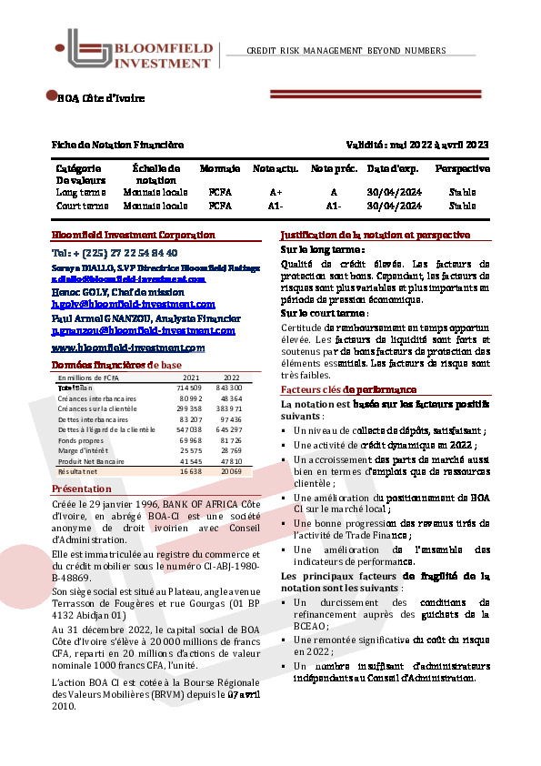 Notation financière - BOA CI - Exercice 2023 ; - Abidjan.net Documents