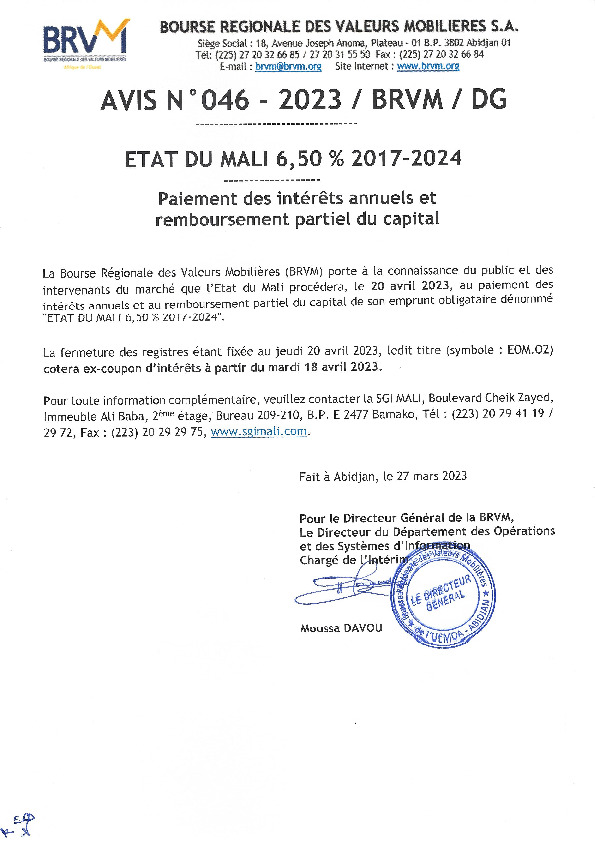 Avis de Paiement des intérêts annuels et remboursement partiel du ...