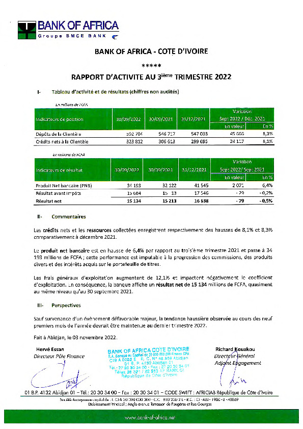 Rapport d'activité - 3ème trimestre 2022 - BOA CI - Abidjan.net Documents