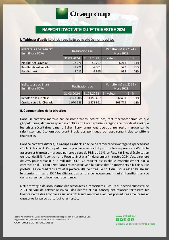 Rapport d'activités - 1er trimestre 2024 - ORAGROUP TOGO - Abidjan.net Documents