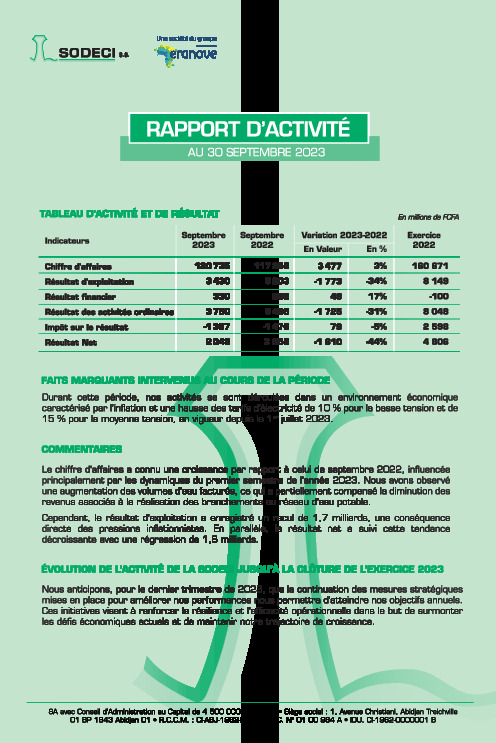 Rapport d'activités - 3ème trimestre 2023 – SODE CI - Abidjan.net Documents