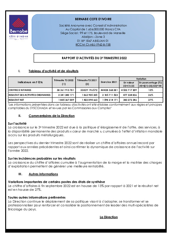 Rapport d'activité - 3eme trimestre 2022 - BERNABE CI - Abidjan.net Documents