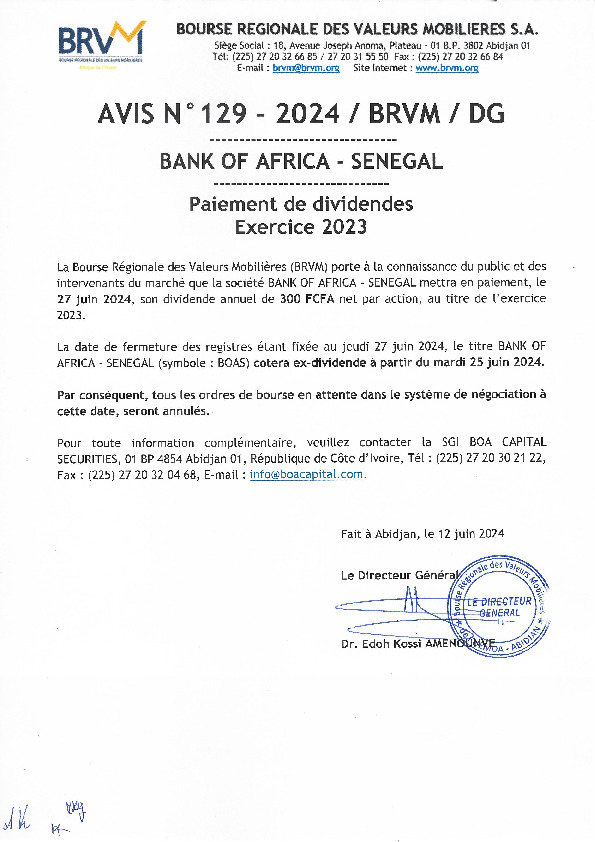 Avis N°129/BRVM/2024 – Paiement de dividendes - Exercice 2023 - BOA ...