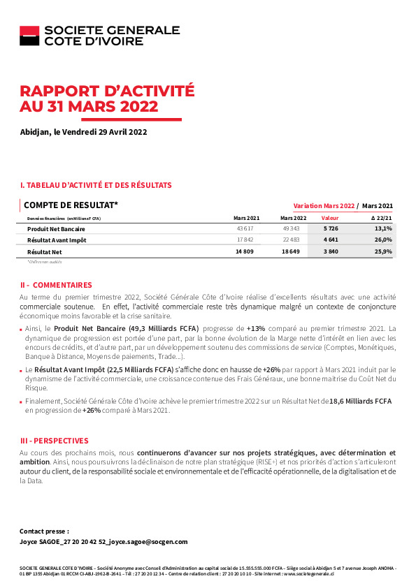 Rapport d'activité 1er trimestre 2022 – SGCI - Abidjan.net Documents