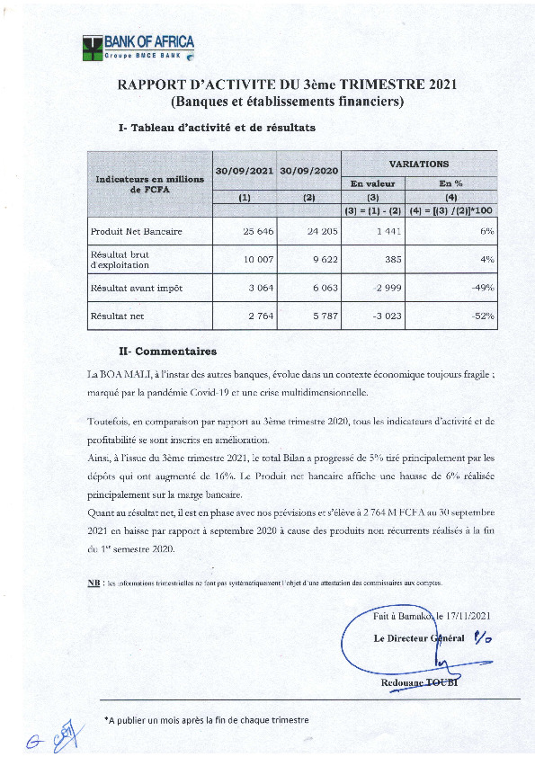 Rapport d'activité au 3ème trimestre 2021 - BOA MALI - Abidjan.net Documents