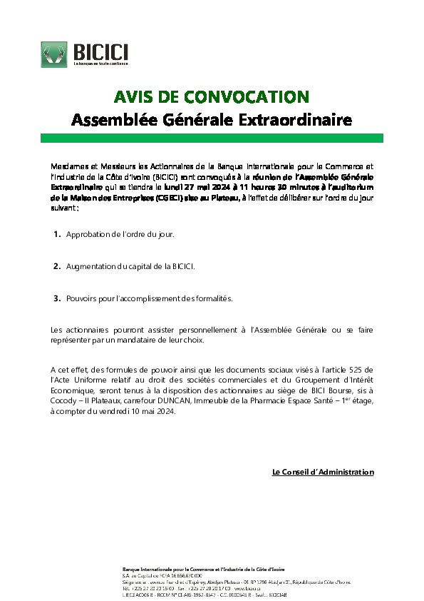 Avis de convocation - Assemblée Générale Extraordinaire - BICI CI - Abidjan.net Documents