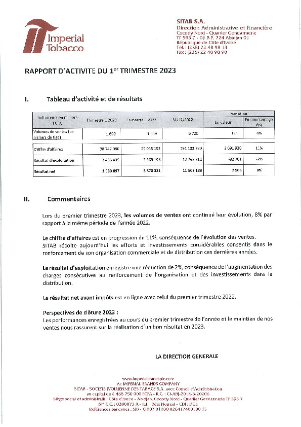 Rapport d'activités - 1er Trimestre 2023 - SITAB CI ; - Abidjan.net Documents