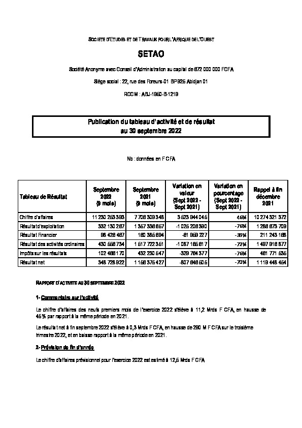 Rapport d'activité - 3ème trimestre 2022 - SETAO CI - Abidjan.net Documents