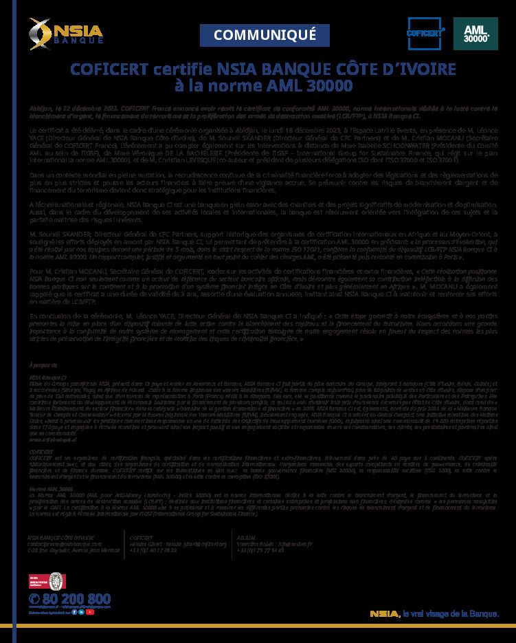 Communiqué - NSIA BANQUE CI - Abidjan.net Documents