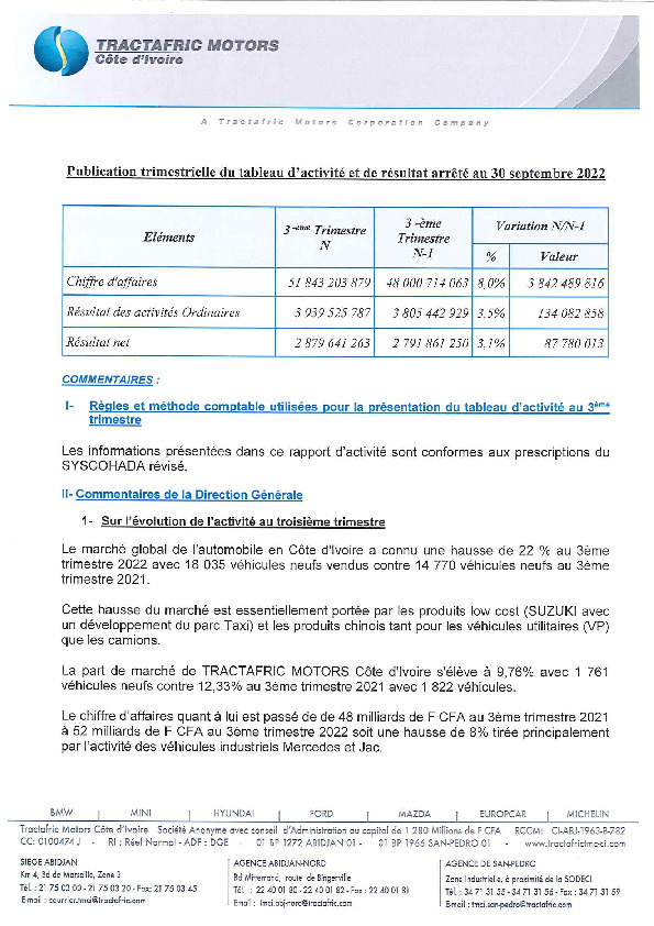 Rapport d'activité - 3ème trimestre 2022 - TRACTAFRIC MOTORS CI - Abidjan.net Documents