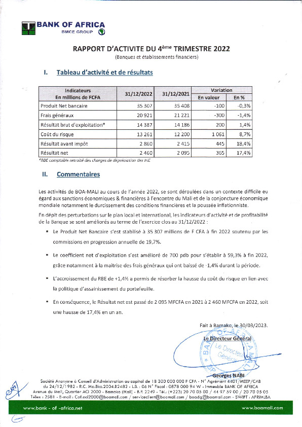 Rapport d'activité 4ème trimestre 2022 - BOA MALI - Abidjan.net Documents