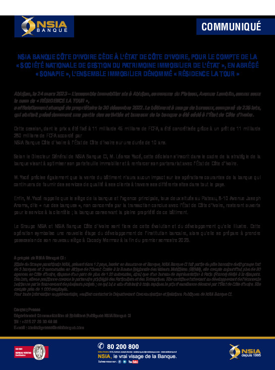 Communiqué - Cession à l'Etat, pour le compte de la "SONAPIE", l ...