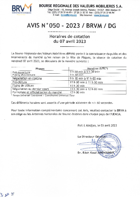 Avis N°050/BRVM/2023 – Horaires de cotation du 07 avril 2023 - Abidjan.net Documents