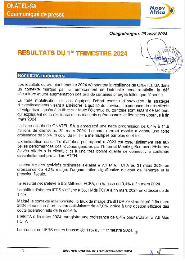 Rapport d'activités - 1er trimestre 2024 - ONATEL BF ; - Abidjan.net Documents