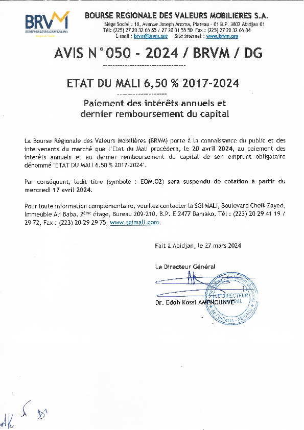 Avis N°050/BRVM/2024 – Paiement des intérêts annuels et dernier remboursement du capital - ETAT ...