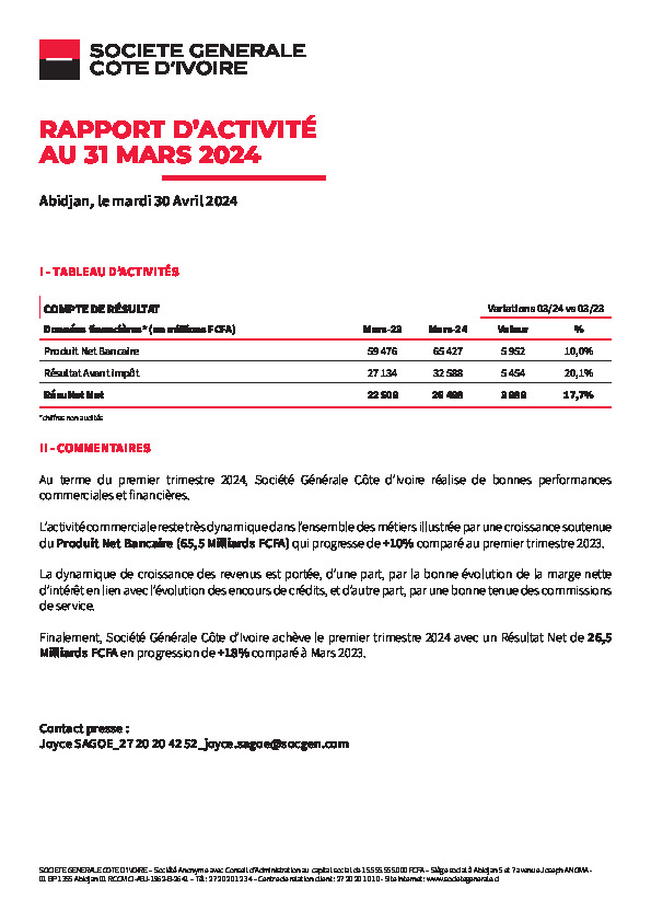 Rapport d'activités - 1er trimestre 2024 - SOCIETE GENERALE CI ; - Abidjan.net Documents