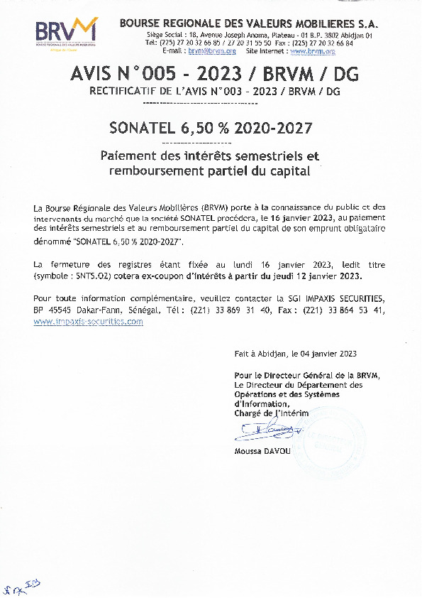 Avis N°005/BRVM/2023 – Paiement des intérêts semestriels et remboursement partiel du capital ...