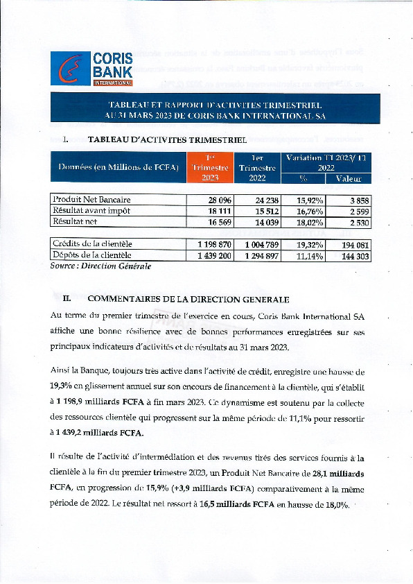 Rapport d'activité - 1er trimestre 2023 - CORIS BANK INTERNATIONAL BF - Abidjan.net Documents