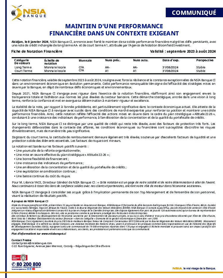 Communiqué - NSIA BANQUE CI - Abidjan.net Documents