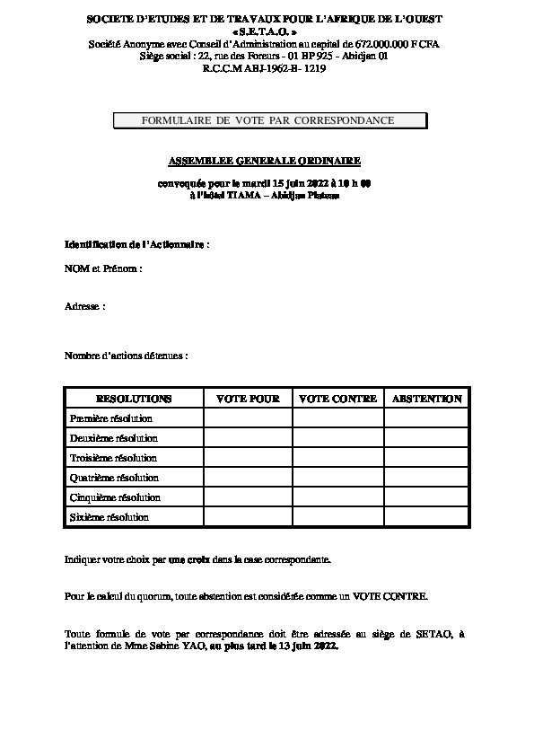 Avis de convocation - Assemblée Générale Ordinaire - Formulaire de vote par correspondance ...