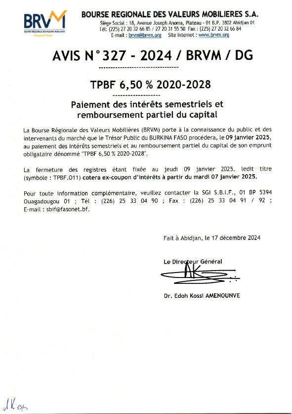 Avis N°327/BRVM/2024 – Paiement des intérêts semestriels et ...