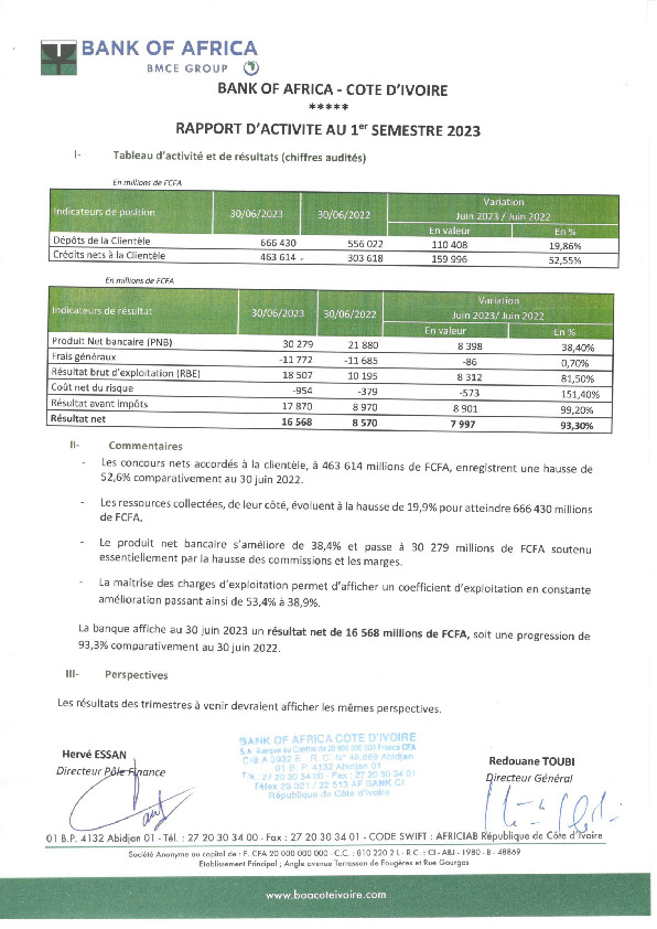 Rapport d'activités - 1er Semestre 2023 - BOA CI - Abidjan.net Documents