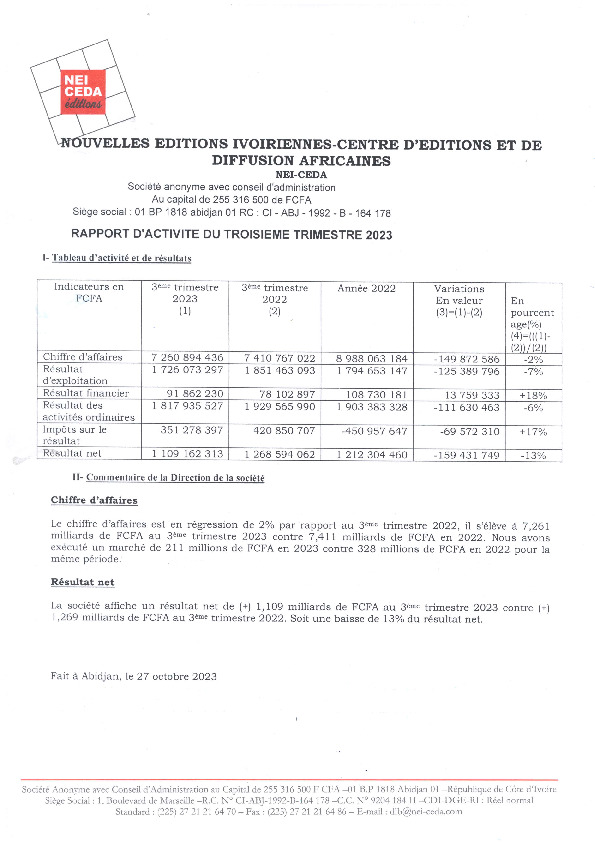 Rapport d'activités - 3ème trimestre 2023 - NEI-CEDA CI - Abidjan.net Documents