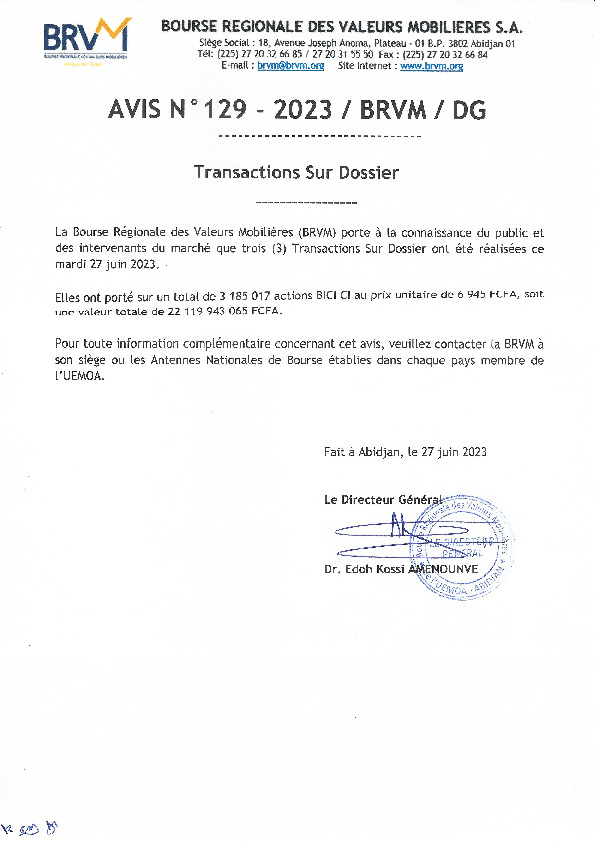 Avis N°129/BRVM/2023 – Transactions sur dossier - Abidjan.net Documents