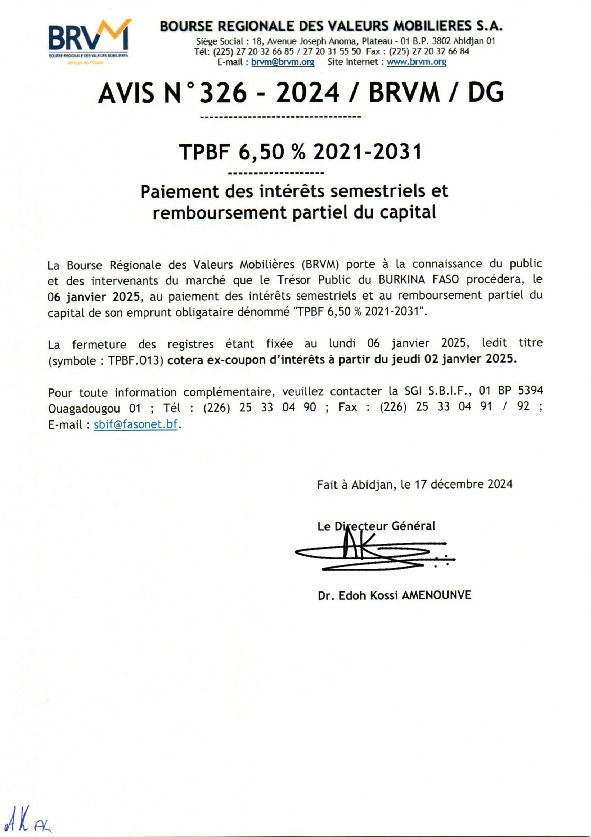 Avis N°326/BRVM/2024 – Paiement des intérêts semestriels et ...