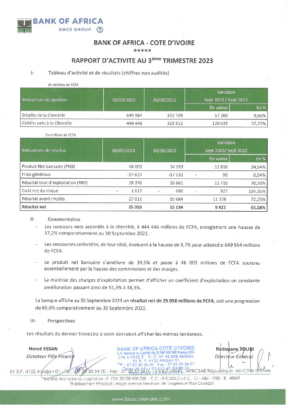 Rapport d'activités - 3ème trimestre 2023 - BOA CI - Abidjan.net Documents