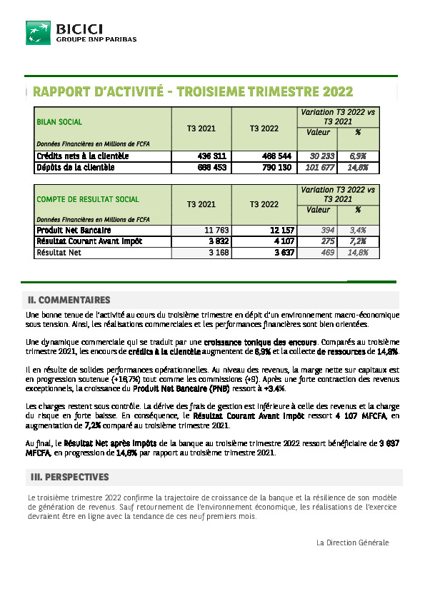 Rapport d'activité - 3ème trimestre 2022 – BICICI - Abidjan.net Documents