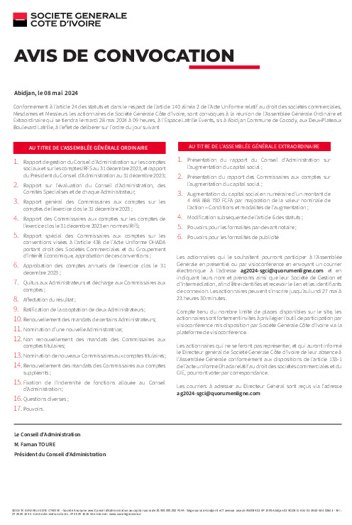 Avis de convocation - Assemblée Générale Ordinaire – SOCIETE GENERALE CI - Abidjan.net Documents
