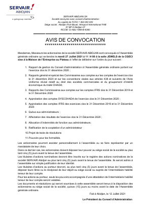 Avis de convocation - Assemblée Générale Ordinaire - SERVAIR ABIDJAN CI - Abidjan.net Documents