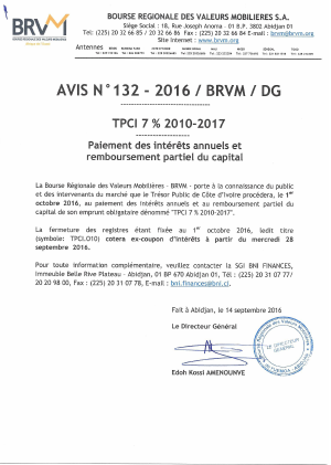 Avis N°132-2016 BRVM/DG – Paiement des intérêts annuels et ...
