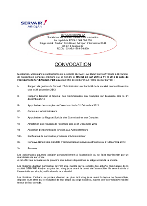 Avis de convocation: Assemblee generale ordinaire de la societe SERVAIR du 3 juin 2014 - Abidjan ...
