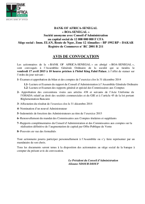 BOA Senegal : Avis de convocation - Abidjan.net Documents