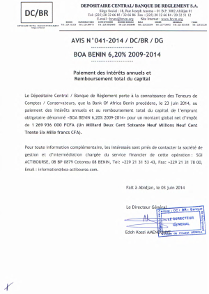 BRVM/ BOA BENIN : avis №041-2014 paiements des interêts annuels et ...