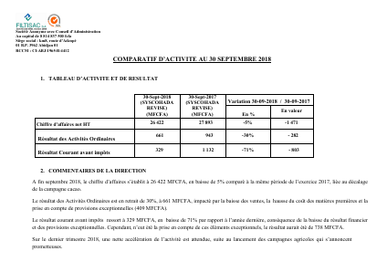 Rapport d’activités du 3ème trimestre 2018 – FILTISAC CI - Abidjan.net Documents