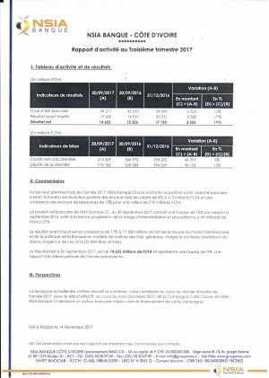 Rapport d’activités au troisième trimestre 2017 – NSIA BANQUE CI - Abidjan.net Documents