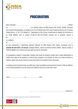 Procuration - Assemblée Générale Ordinaire - NSIA BANQUE CI - Abidjan ...