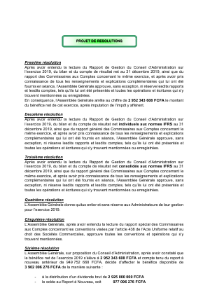 Projet de textes de Résolution - Assemblée Générale Ordinaire – SODECI ...