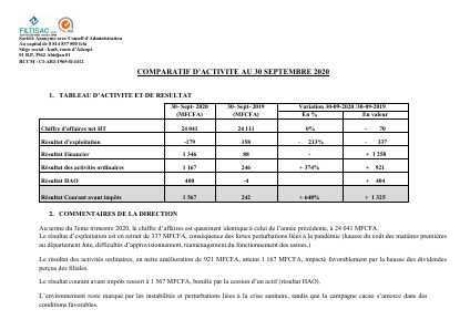 Rapport d'activités au 3ème trimestre 2020 - FILTISAC CI - Abidjan.net Documents