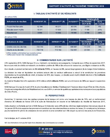 Rapport d’activités du 3ème trimestre 2018 – NSIA BANQUE CI - Abidjan.net Documents