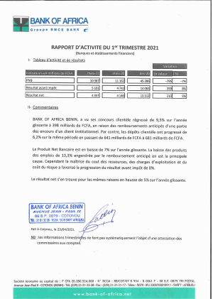 Rapport d'activité au 1er trimestre 2021 – BOA BN - Abidjan.net Documents