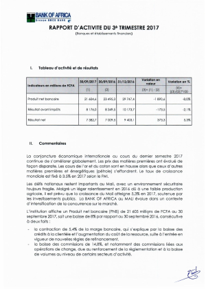 Rapport d'activités au 3e trimestre 2017- BOA MALI - Abidjan.net Documents