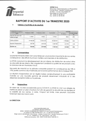 Rapport d'activité du 1er trimestre 2020 - SITAB CI - Abidjan.net Documents